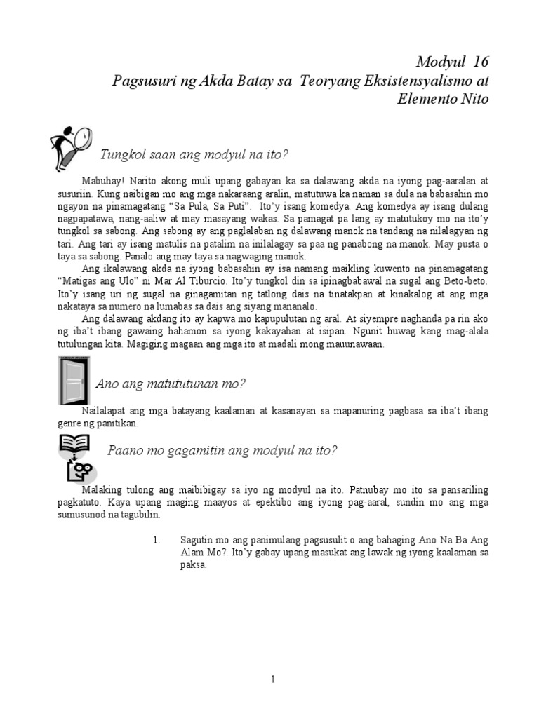 Modyul 16 Pagsusuri NG Akda Batay Sa Teoryang Eksistensyalis | PDF