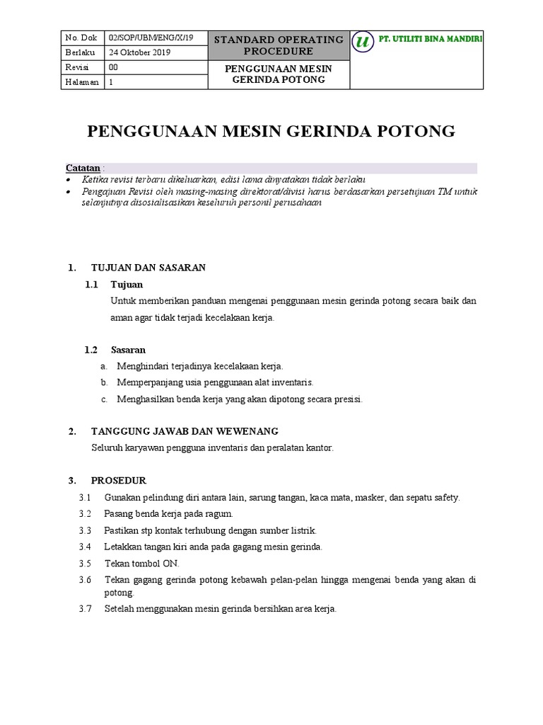SOP Penggunaan Mesin Gerinda Potong | PDF
