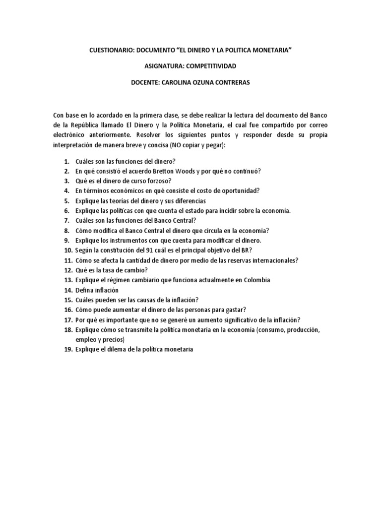 Cuestionario El Dinero y La PolÃ Tica Monetaria | PDF