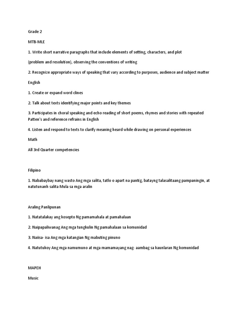 Grade 2 Competencies Overview | PDF | Performing Arts