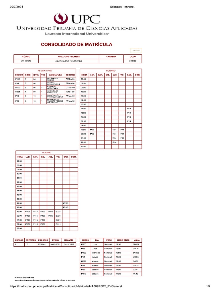 Horario Upc 2021-2 | PDF