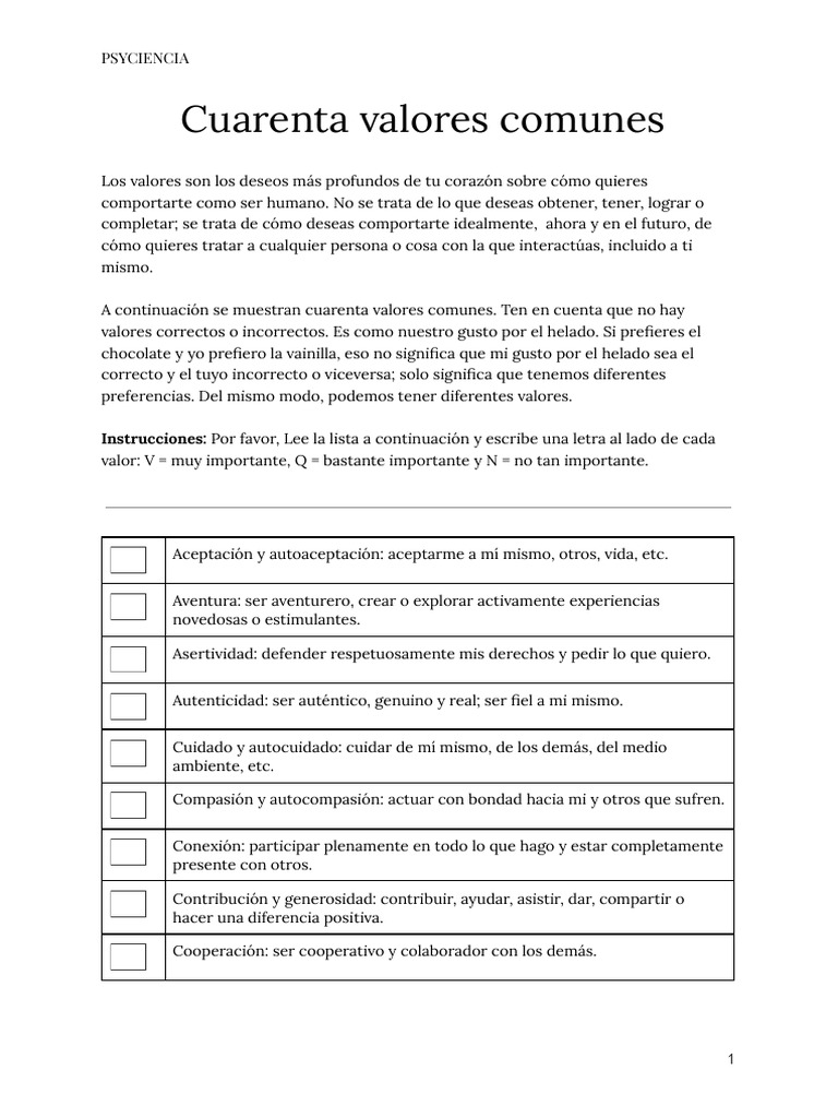 Cuarenta Valores Comunes | PDF | Las emociones | Amor