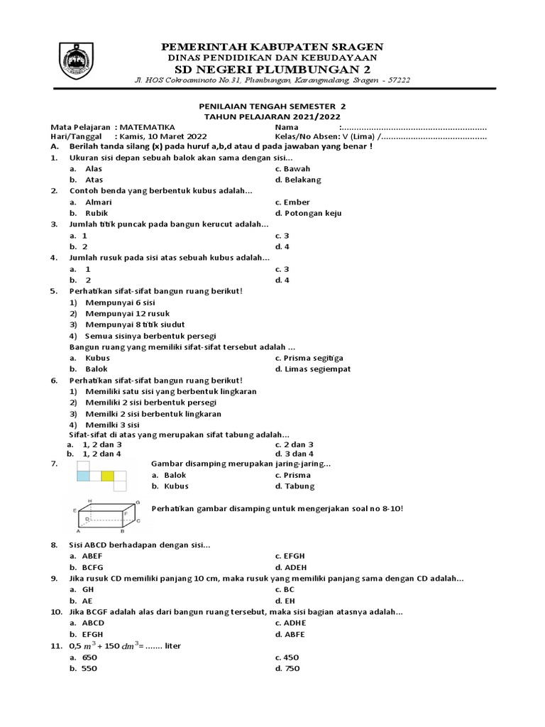 Soal Matematika PTS Kelas 5 SD | PDF | Metode & Bahan Ajar | Griya & Taman