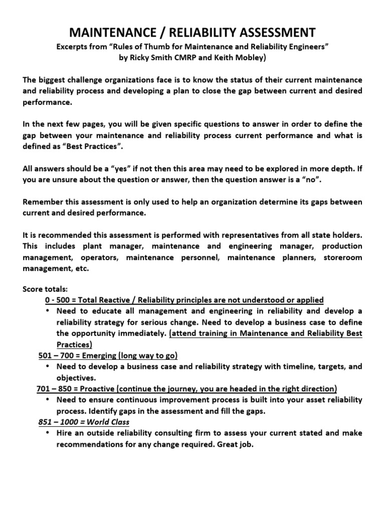 Maintenance Reliability Assessment Guide | PDF | Reliability ...