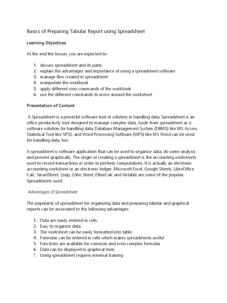 Basics of Preparing Tabular Report Using Spreadsheet: Learning ...