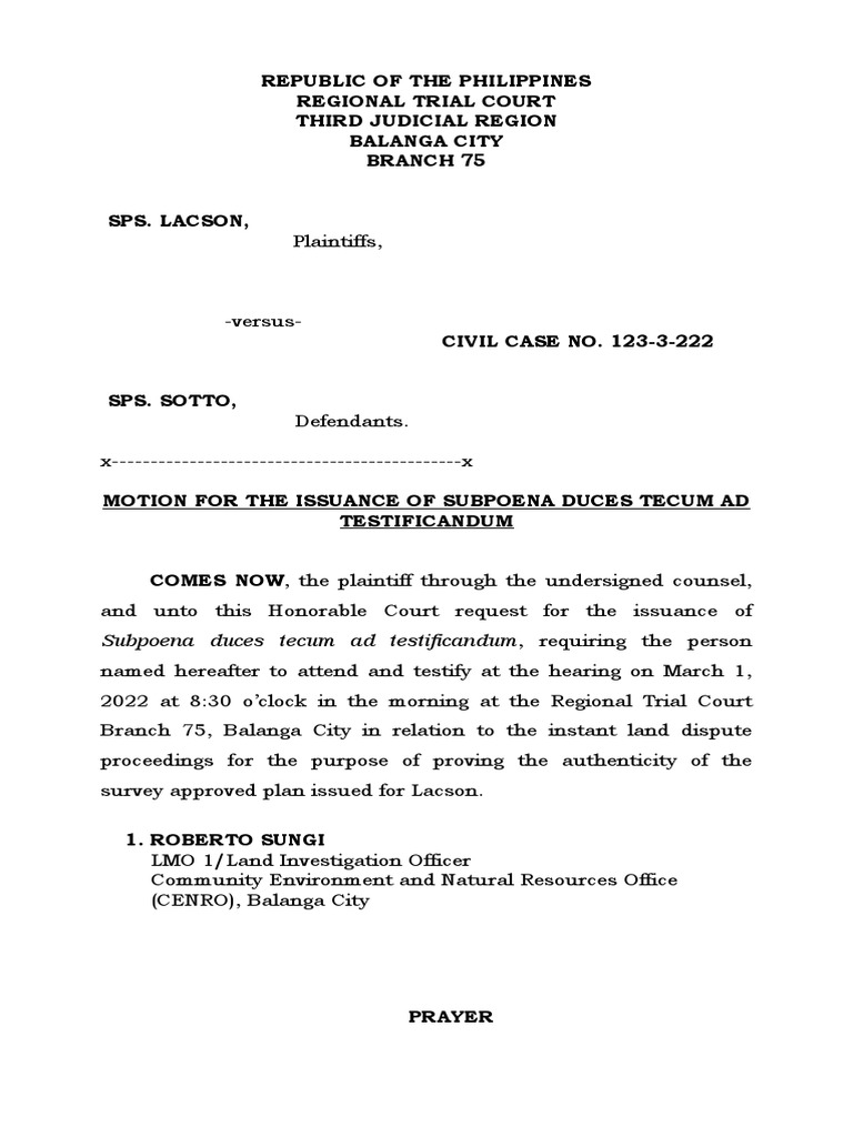 Motion To Issue Subpoena Sample | PDF | Law | Home & Garden