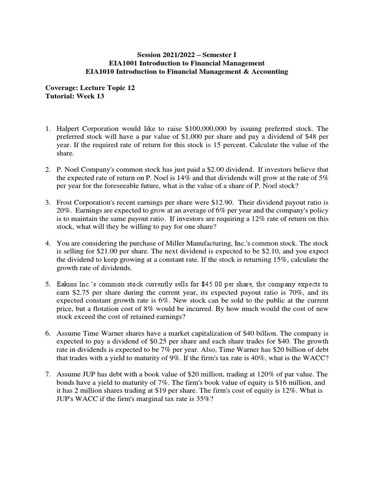 Tutorial Week 13 Questions | PDF | Stocks | Dividend