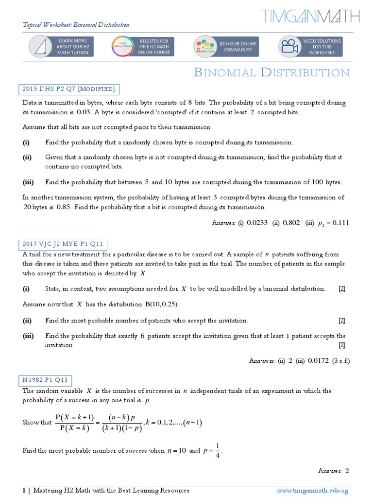 H2 Math Topical Worksheet (Binomial Distribution) | Download Free PDF ...