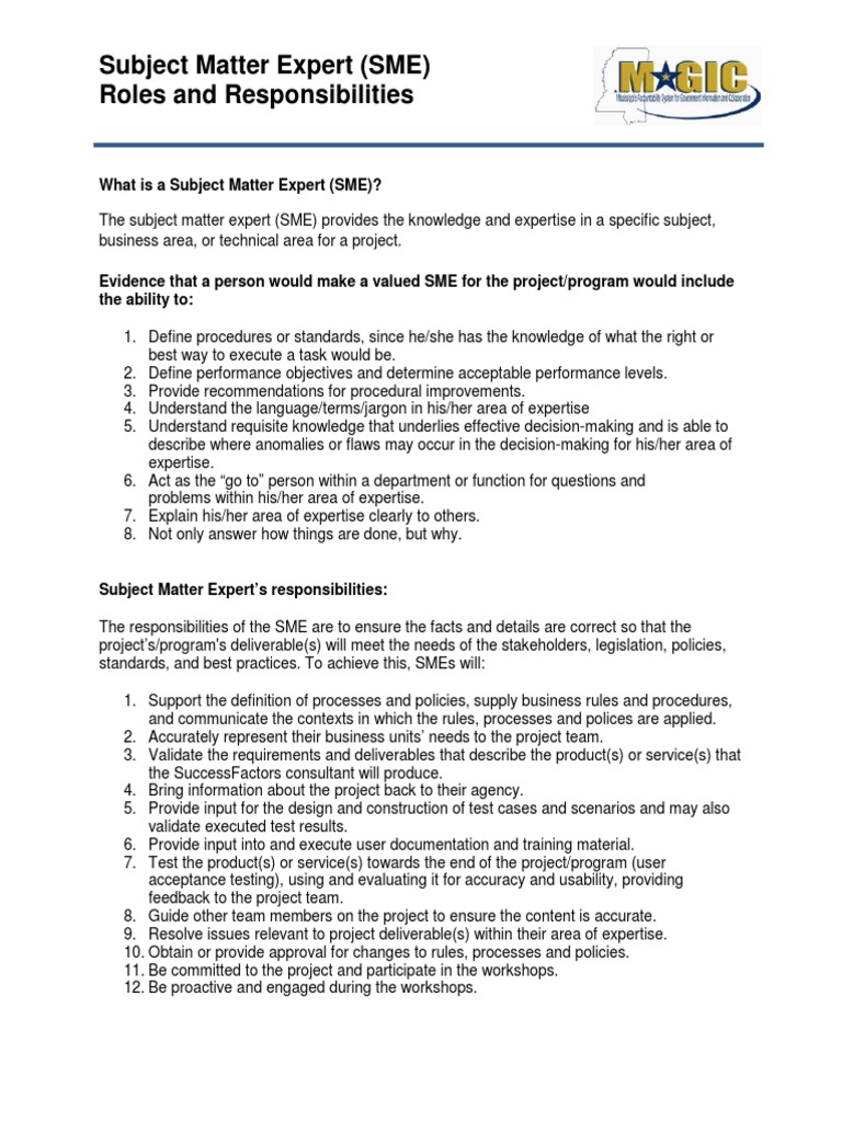 Subject Matter Expert Sme Roles and Responsibilities | PDF | Expert ...