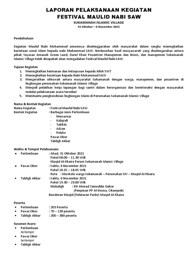 Laporan Pelaksanaan Kegiatan Festival Maulid | PDF