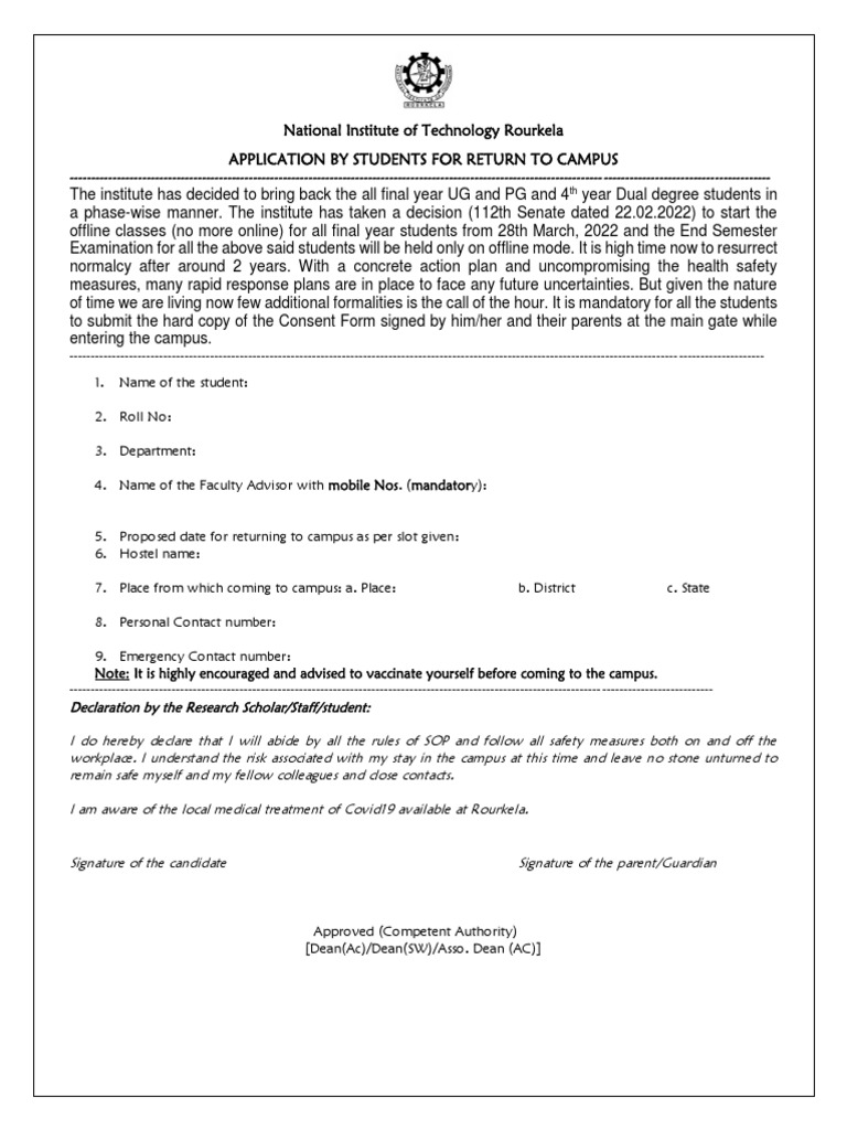 NIT Rourkela Student Campus Return Application | PDF | Medicine ...