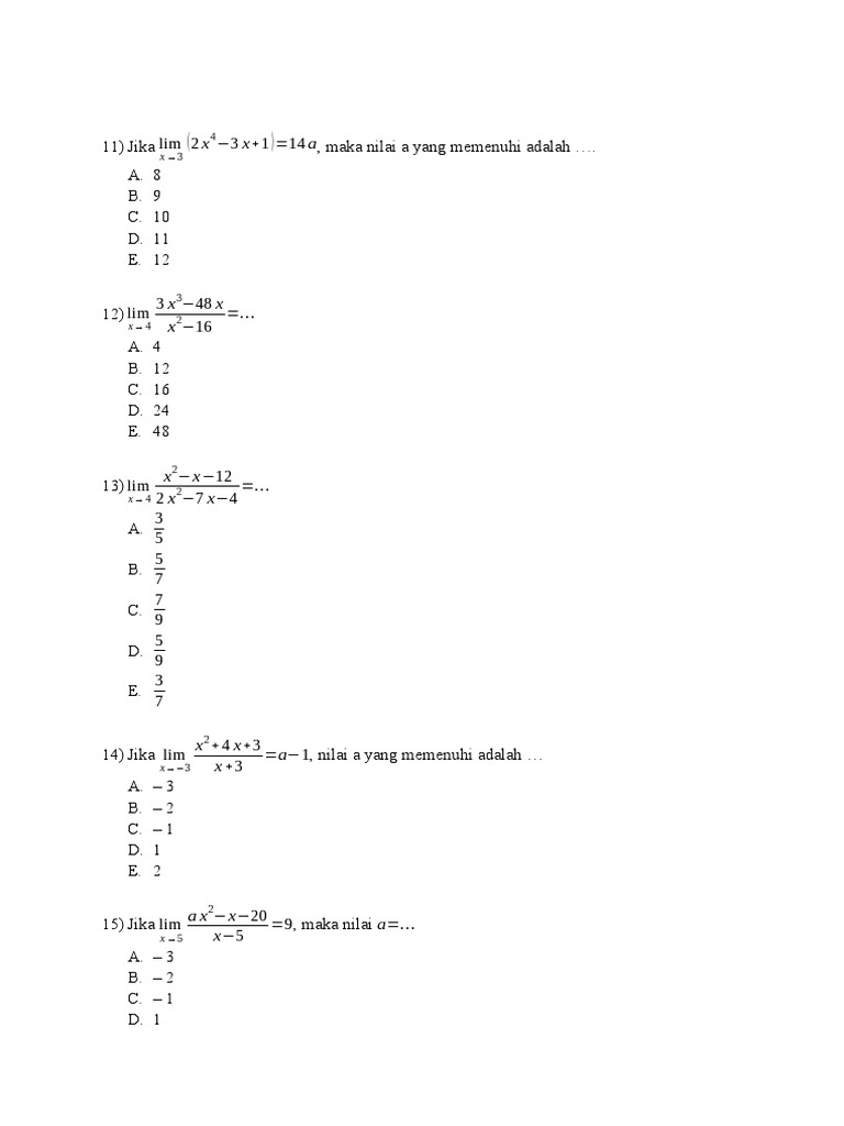 Latihan Soal Ulangan Limit Kelas XI SMA | PDF