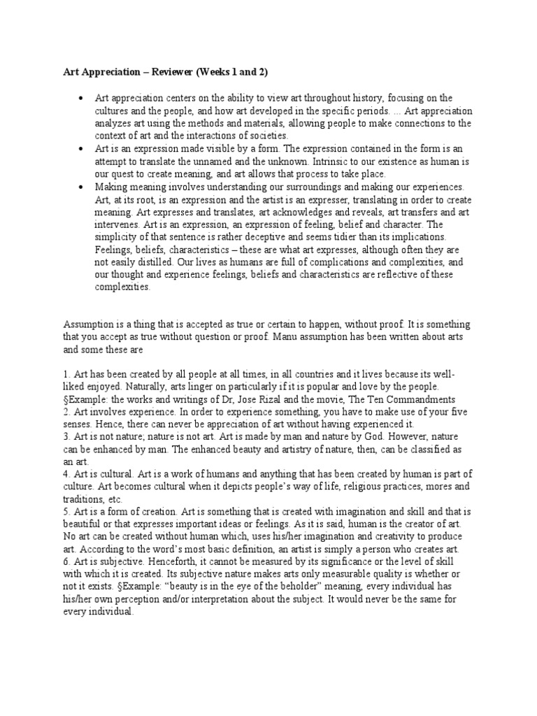 Art Appreciation - Reviewer (Weeks 1 and 2) | PDF | Aesthetics | Beauty