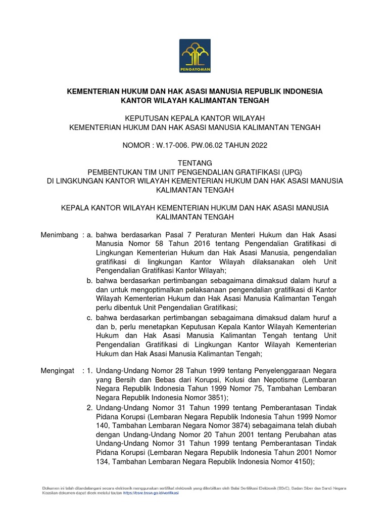 SK PEMBENTUKAN TIM UNIT PENGENDALIAN GRATIFIKASI (UPG) - Sumaker | PDF ...