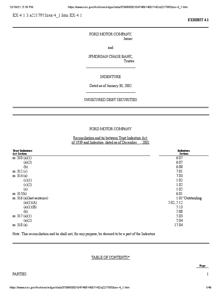 JPMorgan Trustee Indenture for Ford | PDF | Securities (Finance) | Lease