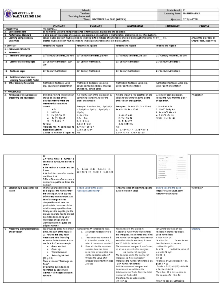 GRADES 1 To 12 Daily Lesson Log Monday Tuesday Wednesday Thursday ...