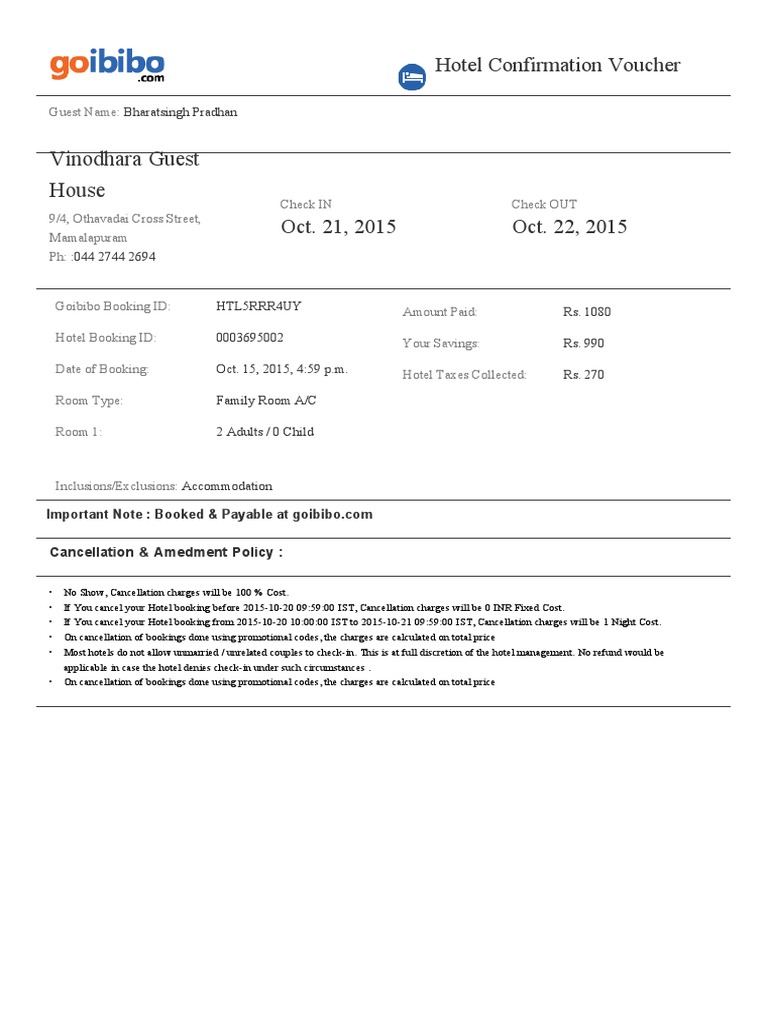 Vinodhara Guest House: Hotel Confirmation Voucher | PDF | Identity ...