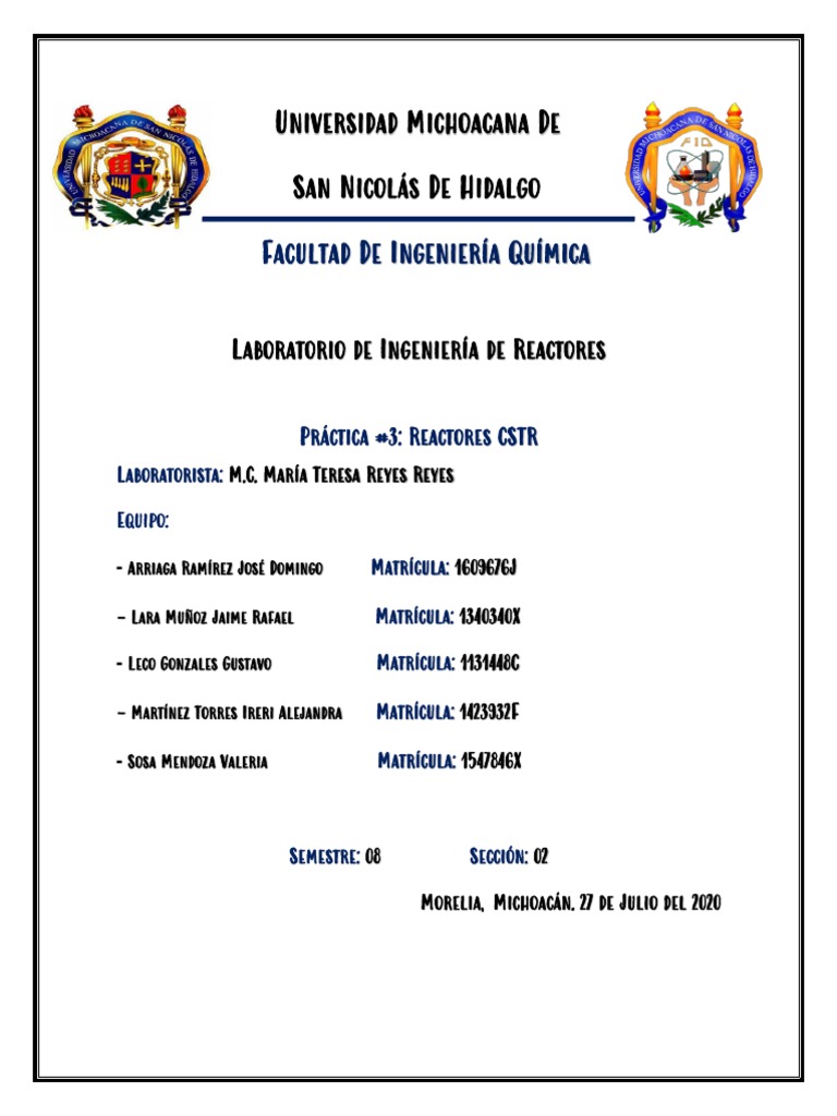 Practica #3. Reactores CSTR | PDF | Reactor Quimico | Agua