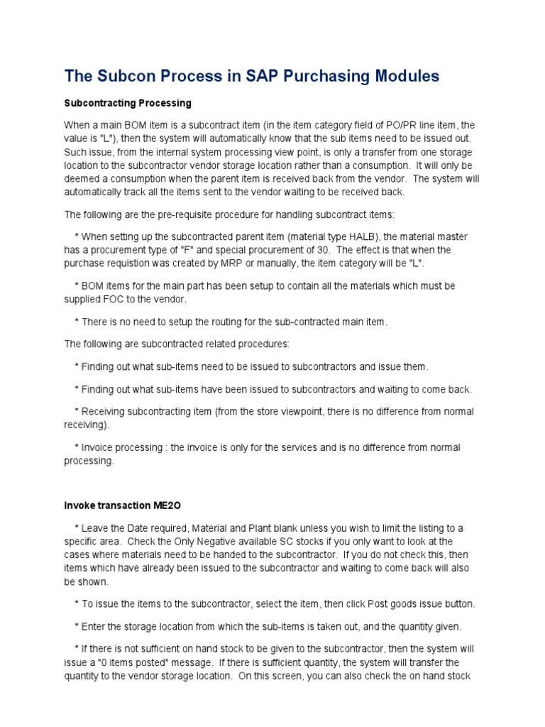 The Subcon Process in SAP Purchasing Modules: Subcontracting Processing ...