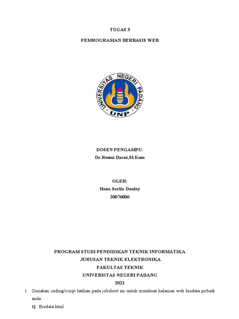 TUGAS 3 - Pemrograman Berasis Web - Hana Sarlia Daulay - 20076006 | PDF