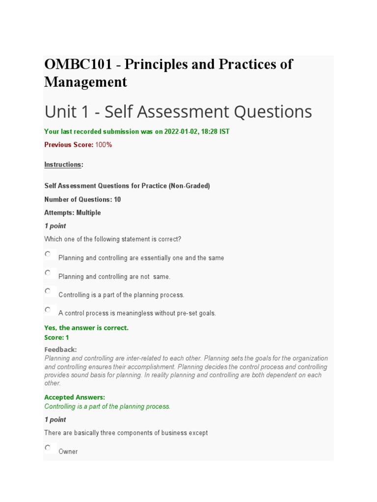 Self-Assessment Questions on Principles and Practices of Management ...