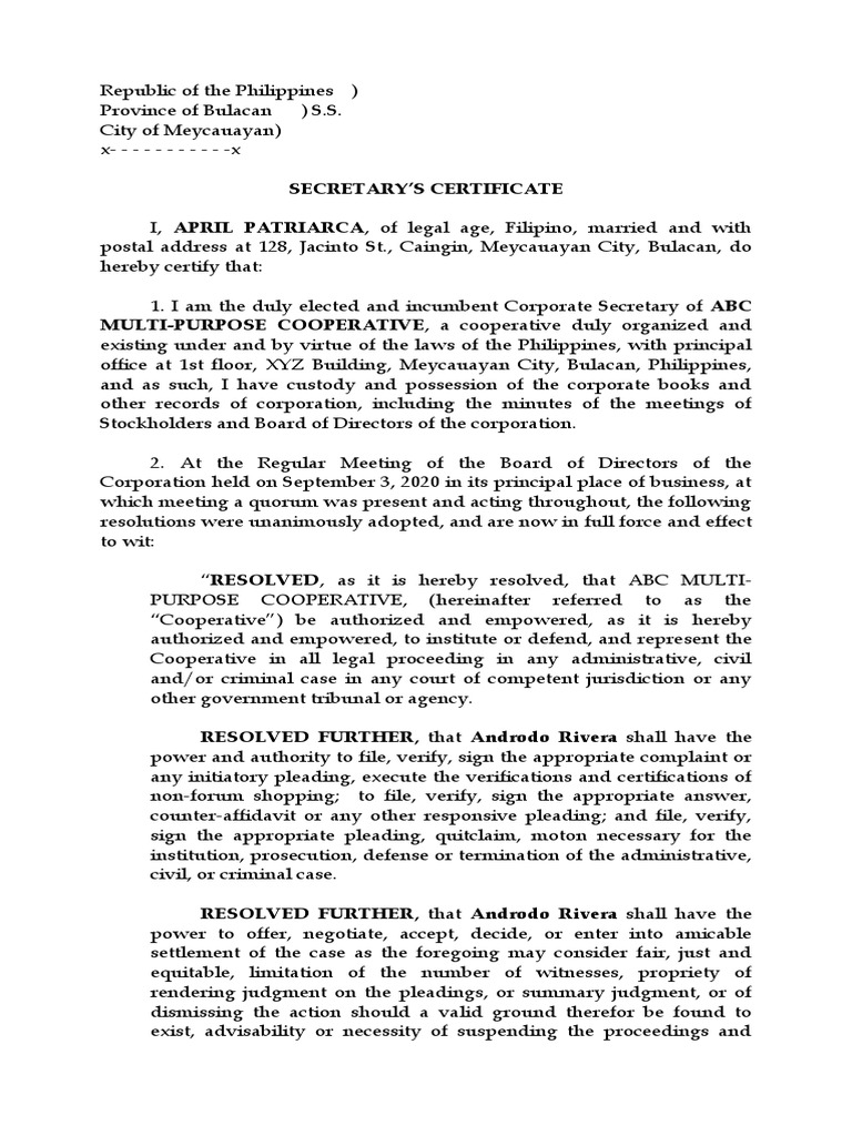 Secretary's Certificate for ABC Cooperative | PDF | Justice ...