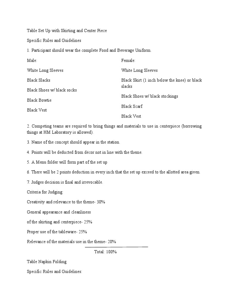 Guidelines and Criteria Table Set Up and Napkin Folding | PDF