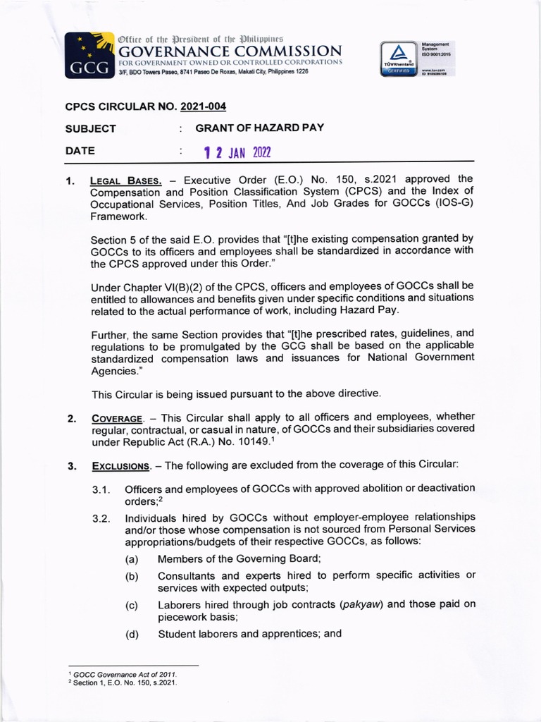 CPCS 2021-004 Grant of Hazard Pay | PDF