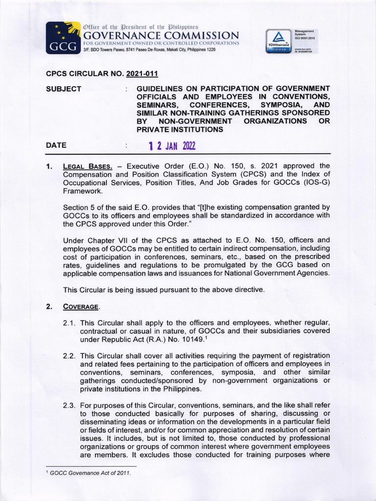 CPCS 2021-011 Participation in Conventions, Seminars | PDF | Employment ...