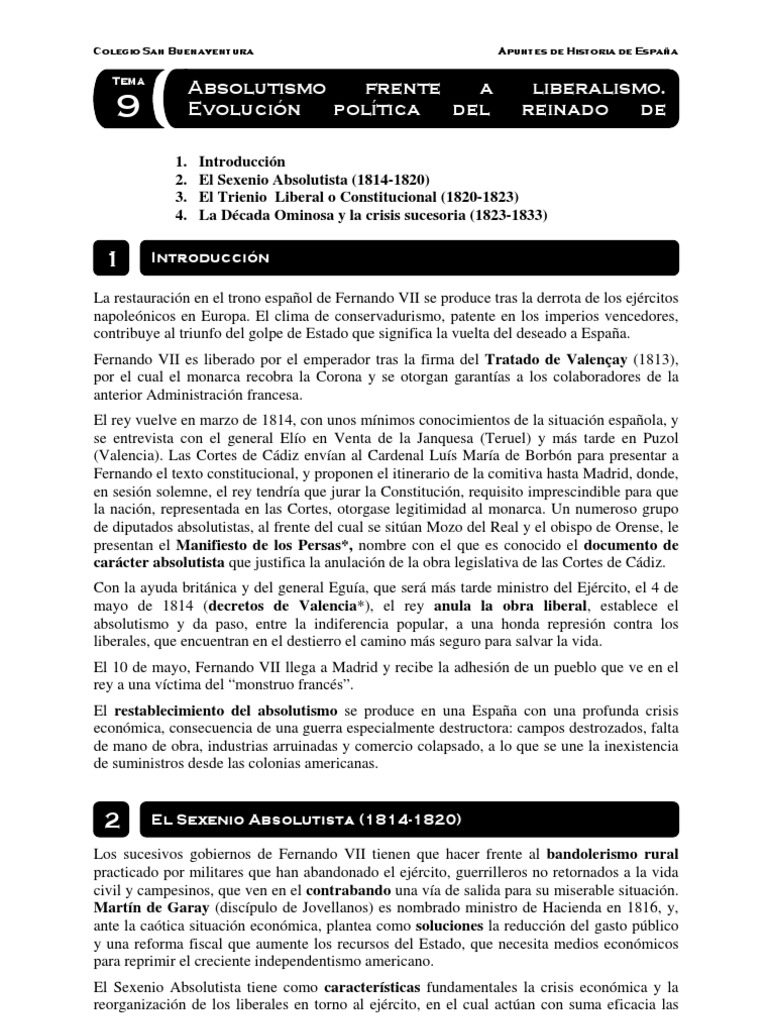 Tema 9.-Absolutismo Frente A Liberalismo Evolucion Politica Del Reinado de Fernando VII | PDF ...