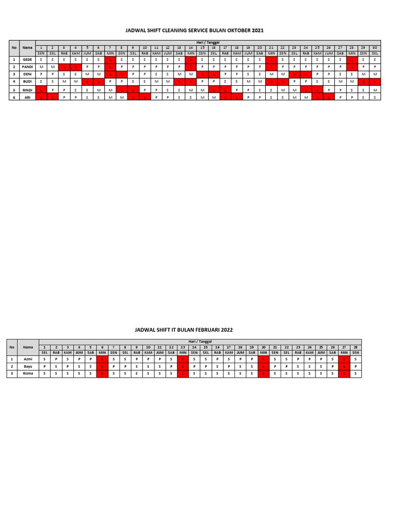 Jadwal Shift Cleaning Service Bulan Oktober 2021: No Nama Hari / Tanggal | PDF