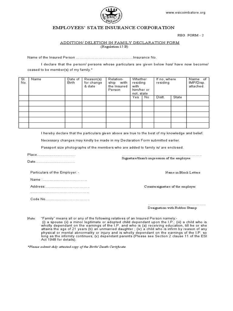 Employees' State Insurance Corporation: Addition/ Deletion in Family ...