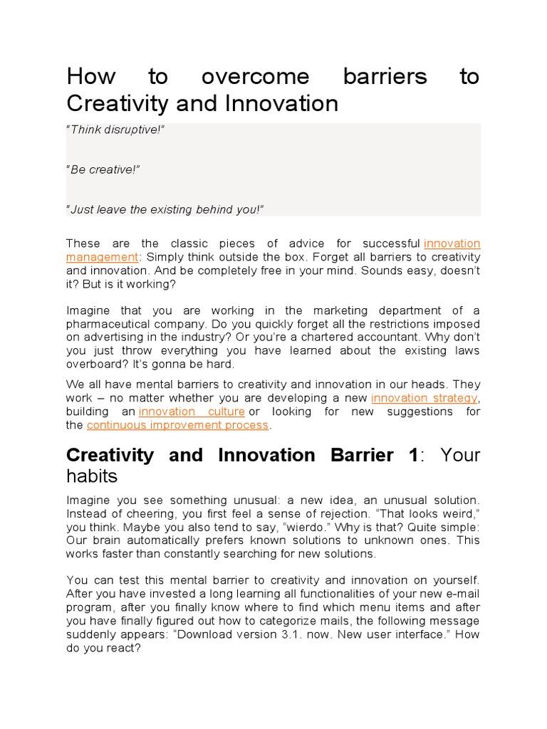 How To Overcome Barriers To Creativity and Innovation | PDF ...