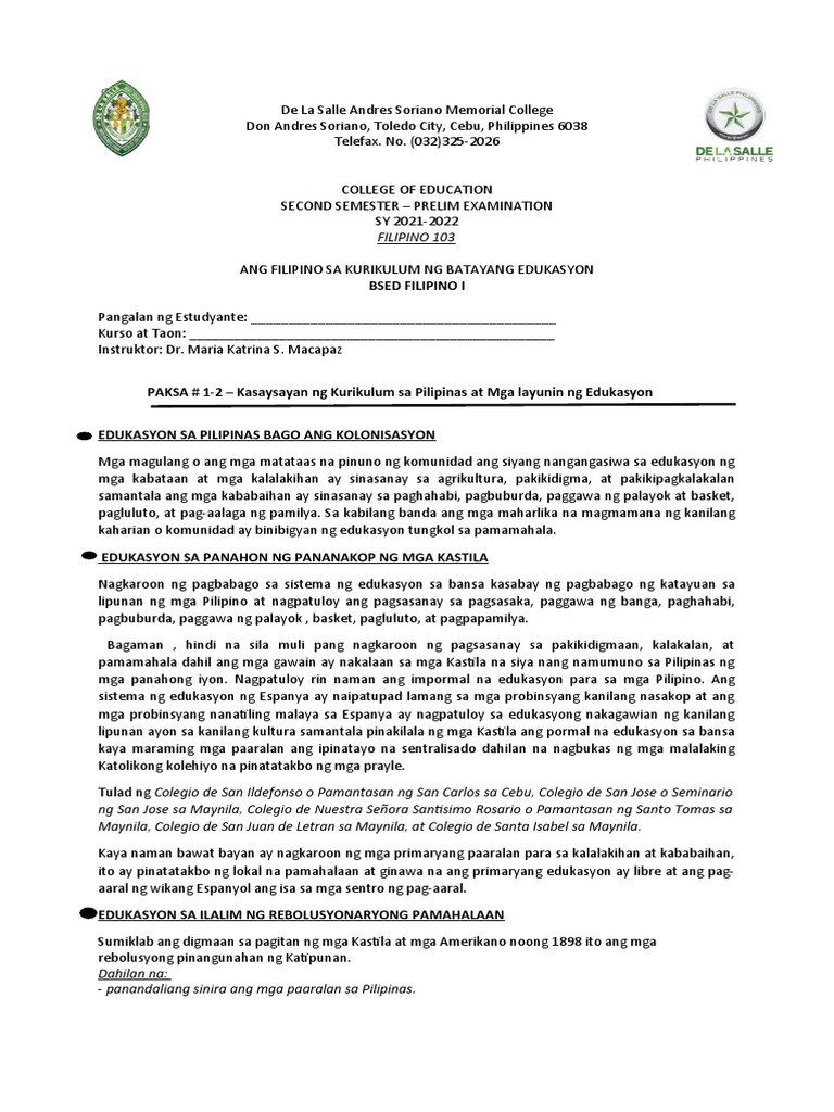 Fil 103 (Bsed I) Prelim Examination | PDF