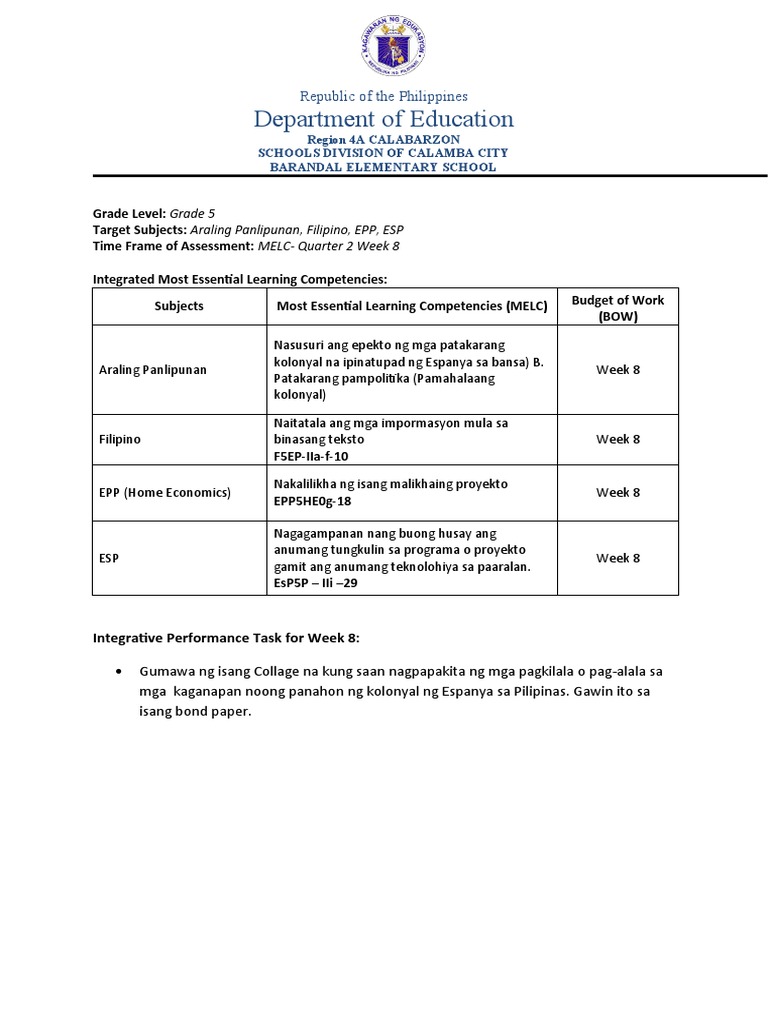 Harmonized Assessment AP Fil Esp Epp Grade 5 q2w8 | PDF