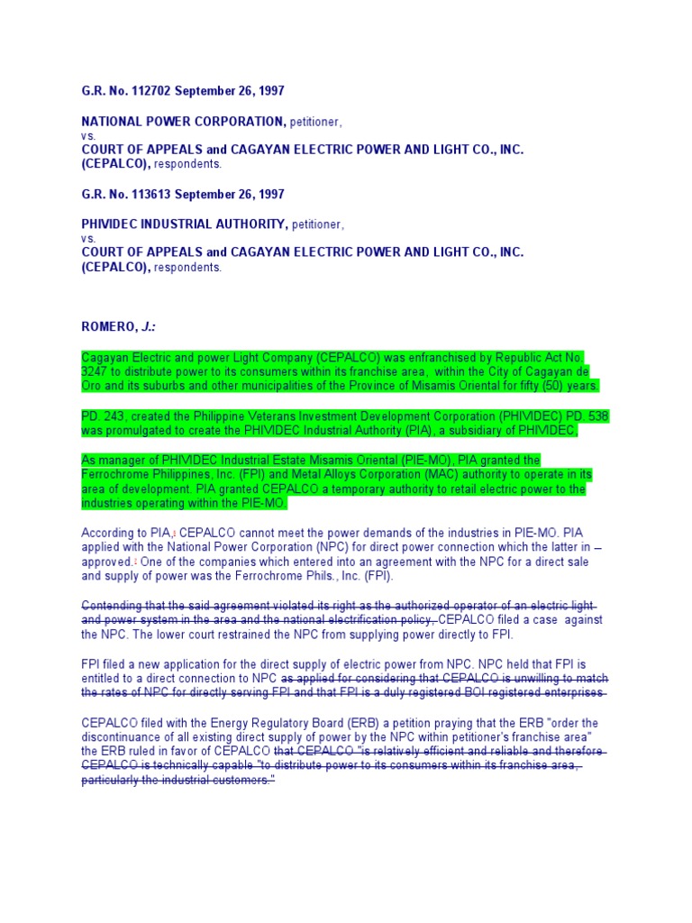 NPC vs CA and CEPALCO - Determining the right to supply electric power ...