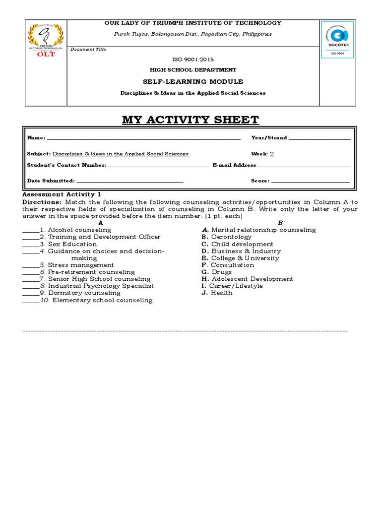 Activity Sheet DIASS Q1, W2 1ST-2021 2022 | PDF | School Counselor ...
