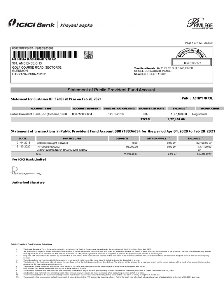 Statement of Public Provident Fund Account: Ms - Neha Raghubar Yadav ...