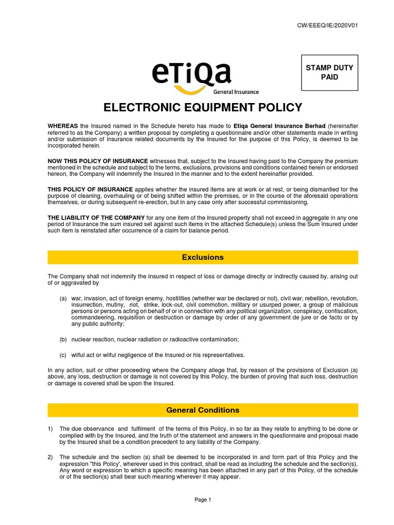 Policy Wordings ELECTRONIC EQUIPMENT Insurance | PDF | Indemnity ...