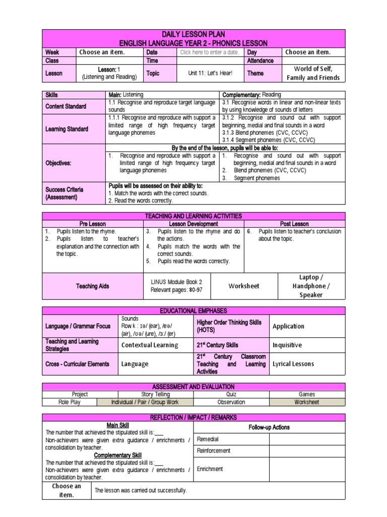 Daily Lesson Plan English Language Year 2 - Phonics Lesson | PDF ...