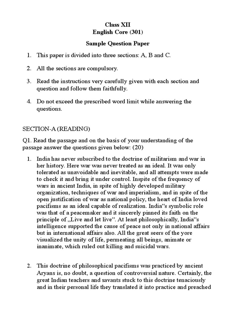 Class XII English Core (301) Sample Question Paper | PDF | Ahimsa ...