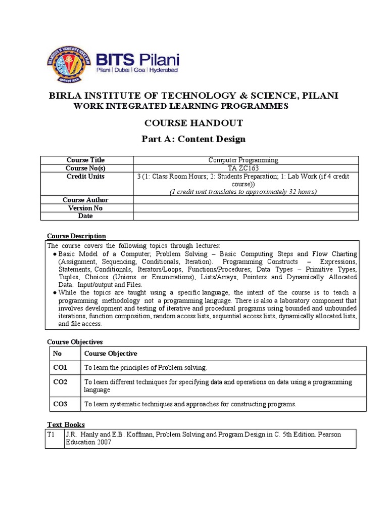 Ta Zc163 Course Handout Pdf Array Data Structure Pointer Computer Programming