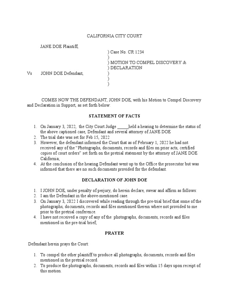 Motion To Compel | PDF | Discovery (Law) | Notary Public