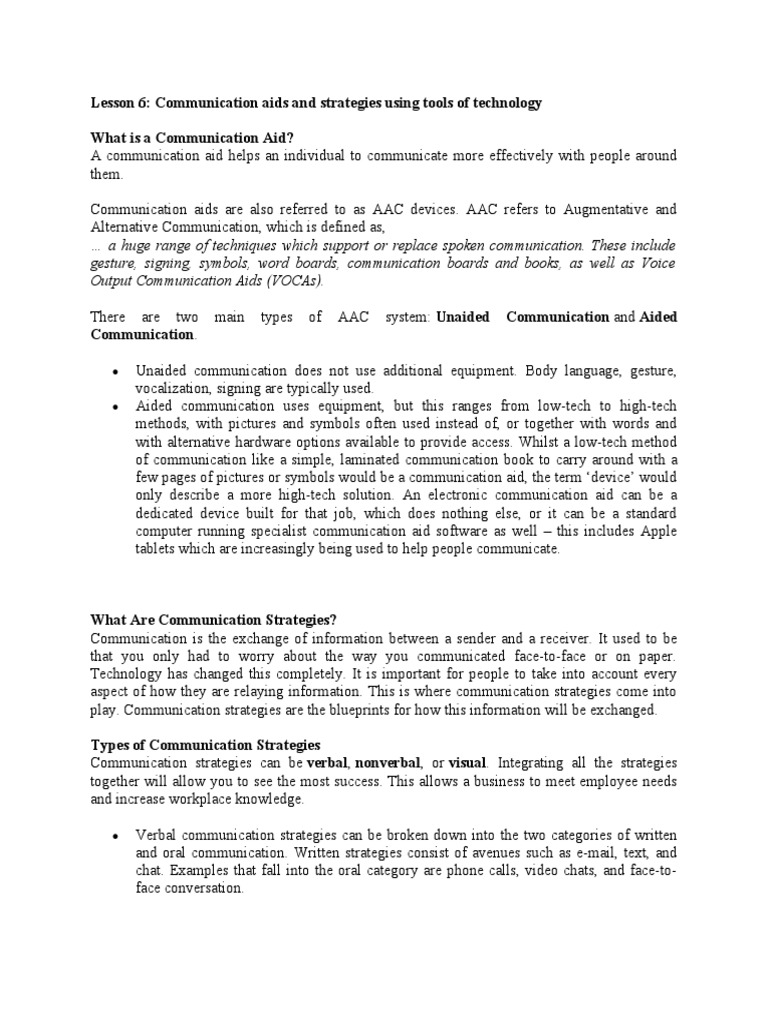 Lesson 6: Communication Aids and Strategies Using Tools of Technology ...