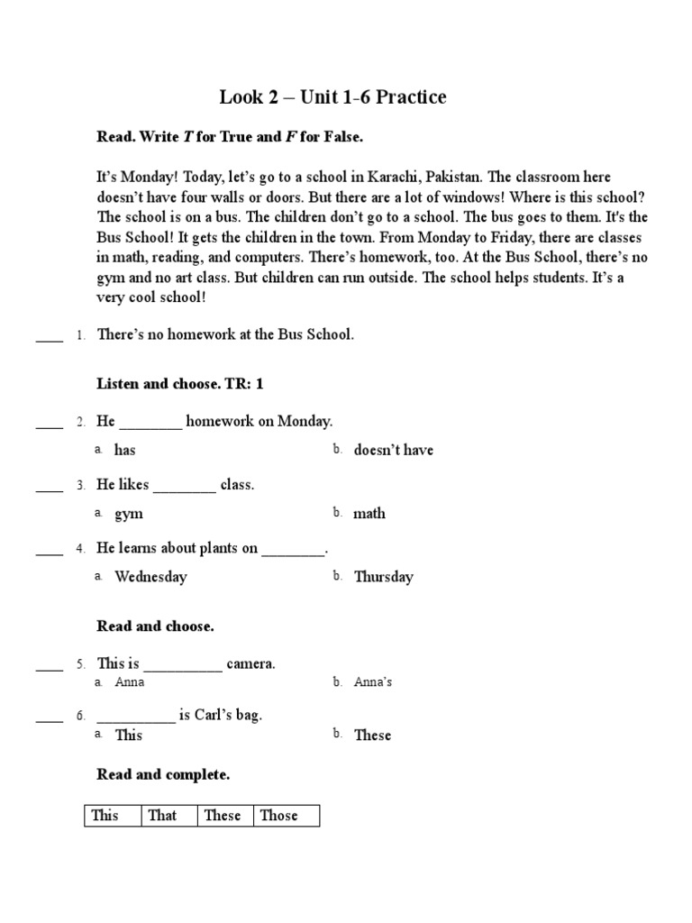 Look 2 Unit 1-6 Practice Exercises | PDF