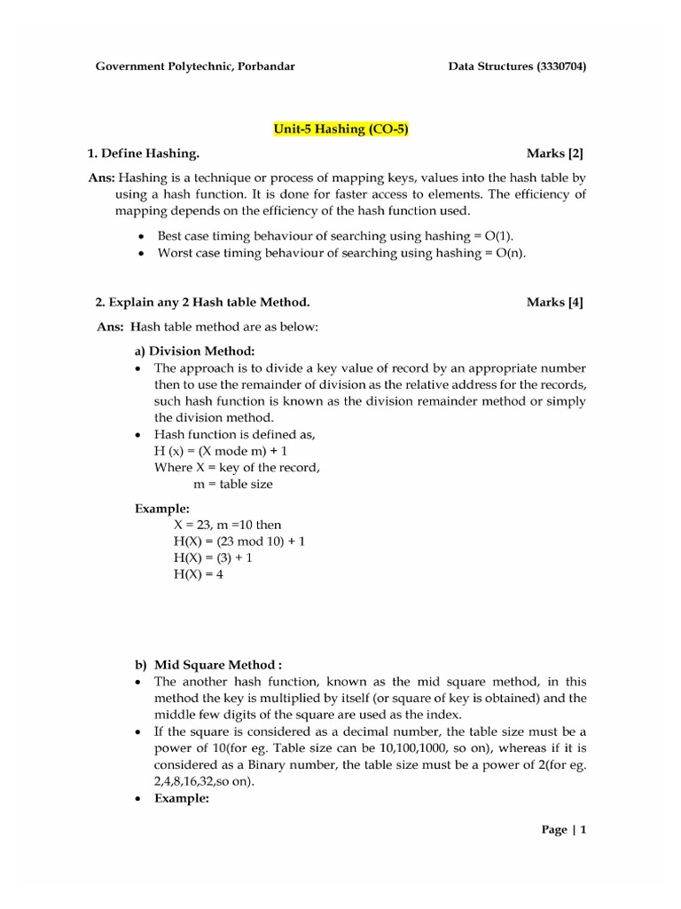 DS Unit - 5 Hashing | PDF