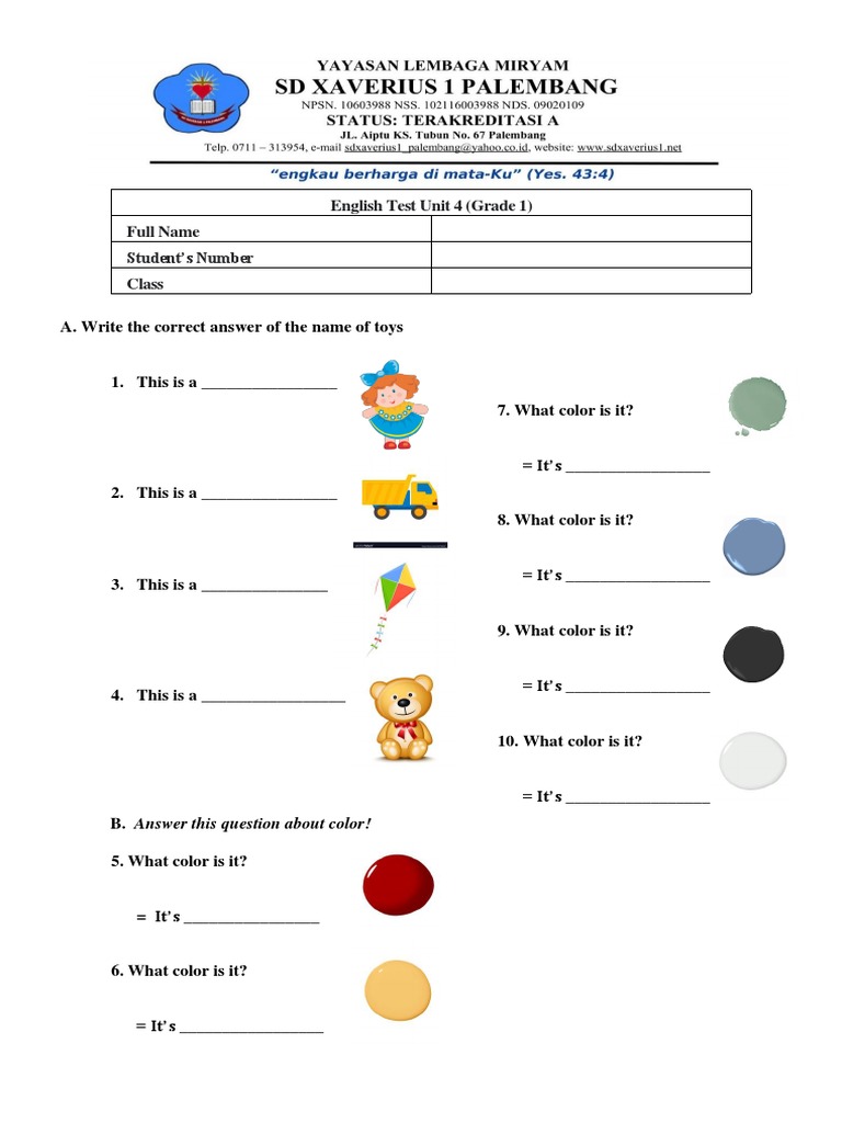 English Test Unit 4 (Grade 1) Full Name Student's Number Class | PDF ...