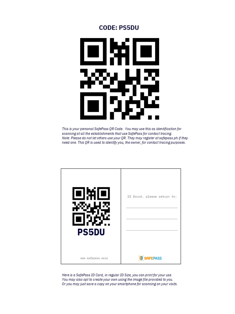 Personal SafePass QR Code for contact tracing and COVID-19 exposure ...