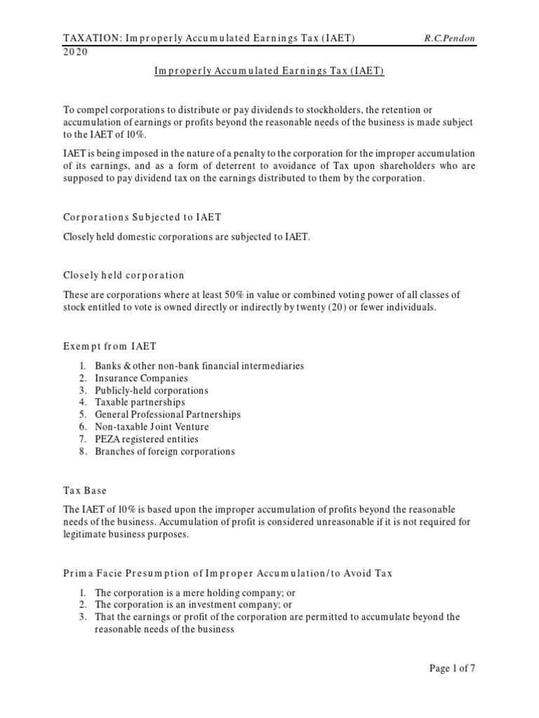 TAXATION: Improperly Accumulated Earnings Tax (IAET) 2020 Improperly ...