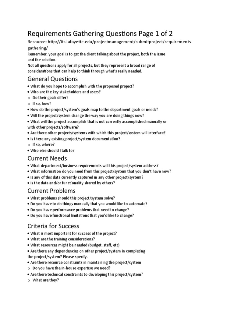 Requirements Gathering Questions Page 1 of 2 | PDF | System | Computing